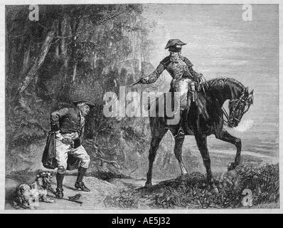 A masked highwayman on horseback robs a pedestrian Date: 18th century ...