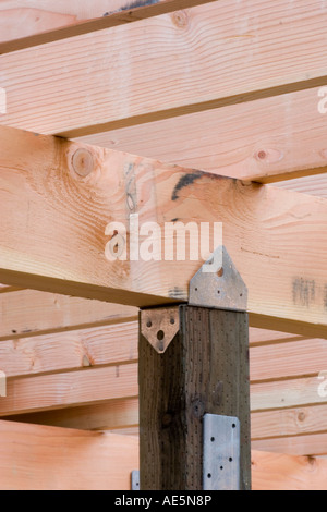 Post of pressure treated wood holding up girder and series of floor ...