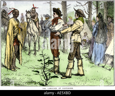French fur traders and Native Americans dancing at a rendezvous in the ...