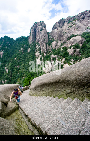 China Anhui Mt Huangshan Stone steps on side of mountain Stock Photo ...