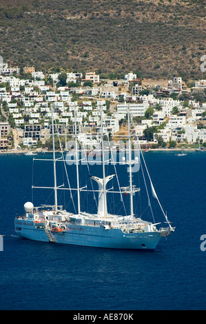 Big cruise ship in Bodrum marina aerial panoramic view. Bodrum is a ...
