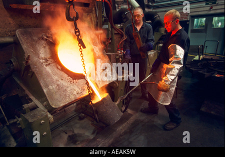 Industry. Mining. Gold Smelting. Workers pouring molten gold metal ...