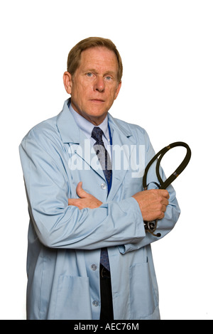 Doctor with stethoscope in medical coat on white background. Front ...