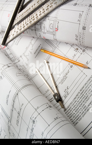 Architectural house plan drawings and tools Stock Photo - Alamy
