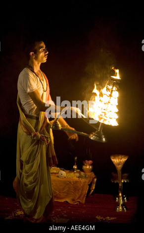 Ganga Aarti night ceremony. Assi Ghat. Ganges river. Varanasi. India ...