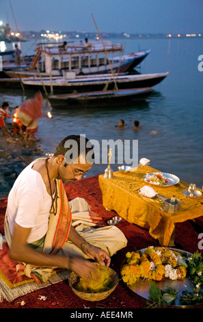 Preparing the Ganga Aarti night ceremony. Assi Ghat. Ganges river ...