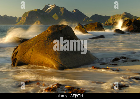 Rising tide, midnight sun, Flakstadoy, Lofoten, Norway, Scandinavia ...