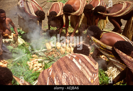 Dani women cooking sweet potatoes for pig feast traditional ethnic ...