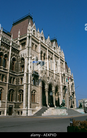 The neo-Gothic building of the Hungarian legislature, the Parliament, is decorated with flags in ...
