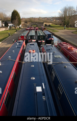Canal longboats lined up in Llangollen North Wales UK Stock Photo - Alamy