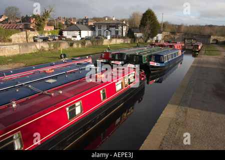 Canal longboats lined up in Llangollen , North Wales , UK Stock Photo ...