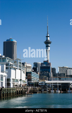 The skyline of Auckland with illuminated buildings and the full moon in ...