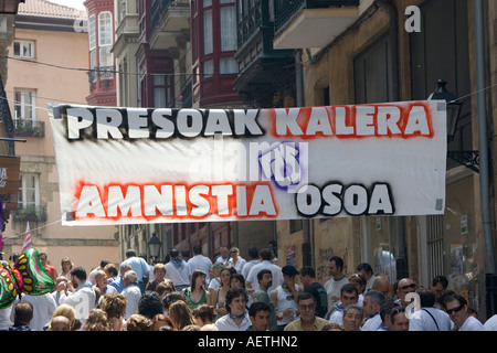 Basque independence protest banner in Euskara language during fiesta ...