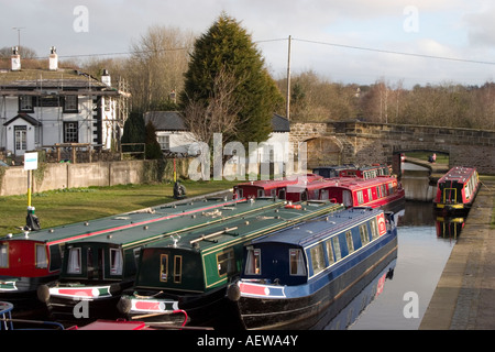 Canal longboats lined up in Llangollen North Wales UK Stock Photo - Alamy