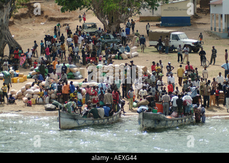 Passengers at Metangula waiting to board the Ilala Ferry, Lake Niassa ...