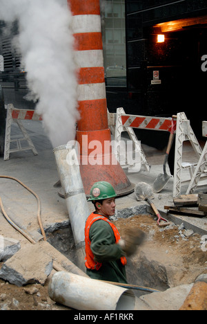 New York City road work against skyscrapers and cable car Stock Photo ...