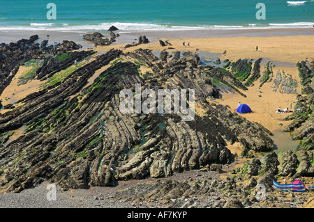 Eroded sedimentary rock strata Northcott Mouth beach low tide North ...