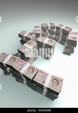 Stacks of British currency arranged on a textured surface during a ...