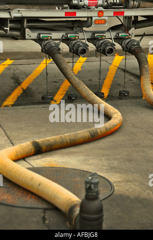 Fuel tank truck unloading at a service station Stock Photo - Alamy