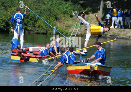 Water jousting from boats. Quai de Rivage in Arras nothern France ...