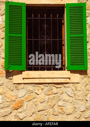 Colourful Spanish window shutters in the hstoric town of Calvià, Ponent ...