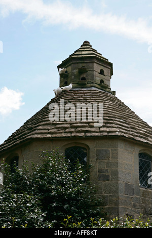 Old English stone dovecote with white doves Stock Photo - Alamy