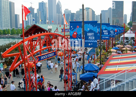 Navy Pier, Chicago's waterfront boardwalk lined with American flags and ...