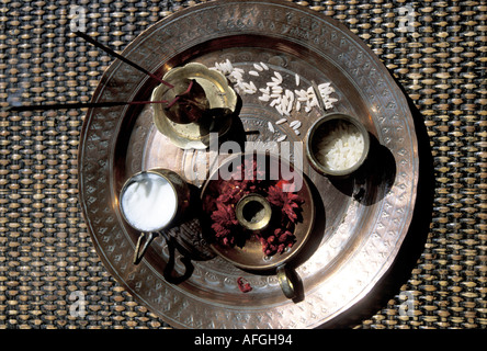 HINDUISM puja tray offering of flowers, fruits, rice and a coconut ...