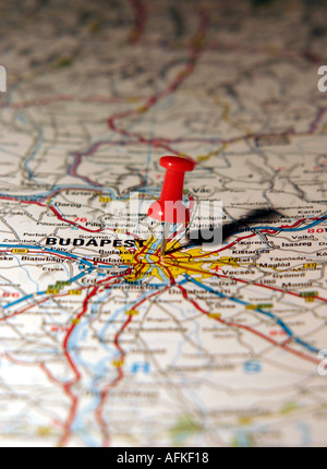 Map Pin pointing to Budapest on a road map Stock Photo - Alamy