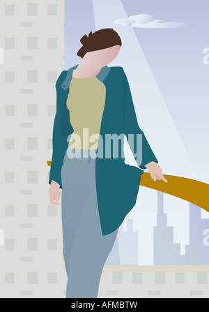 Woman leaning against a railing Stock Photo - Alamy