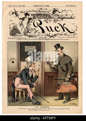 Satirical cartoon in 'Puck': Uncle Sam, put in chains, watching ships ...