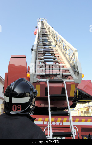 Fireman operating the ladder controls of the fire truck Stock Photo - Alamy