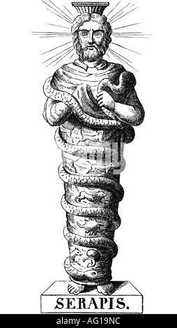 Serapis, egyptian god, full length, engraving, 19th century, throne ...