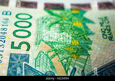 5000 CFA franc bank note. CFA franc is used in 14 African countries ...