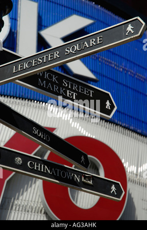 Pedestrian signposts against advertisements in Piccadilly Circus London ...