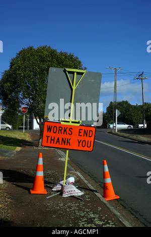 Works end thank you road sign Stock Photo - Alamy