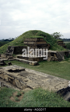 Partially restored main pyramid La Campana and plaza at the pre ...