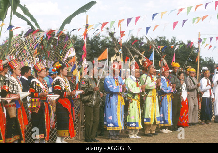 A tribal costume at Manau Dance, traditional ceremony of Kachin people ...