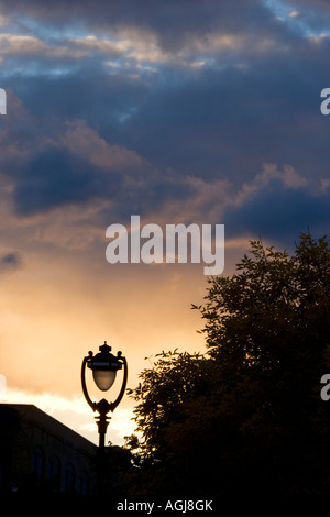 Sunset silhouette - streetlamp, trees, and clouds backlit - winding ...