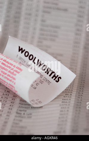 A woolworths receipt pictured on top of the financial page of newspaper ...