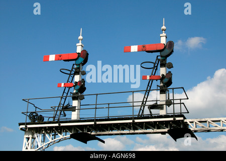 Old railway lower-quadrant semaphore signal with a disc shunting signal ...