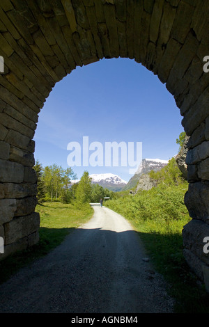 The old road to Geiranger with safety stones crossing under it self ...