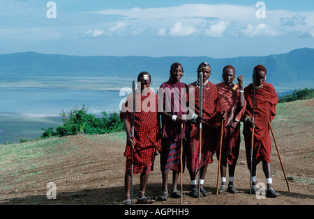 Masai tribesmen at the crater rim, Ngorongoro Conservation Era ...