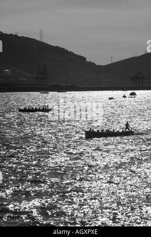 Traineras boat in sea off Puerto Viejo de Algorta Basque Country Spain ...
