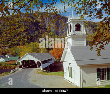 USA, New Hampshire, Stark, covered bridge and Methodist Church Stock ...