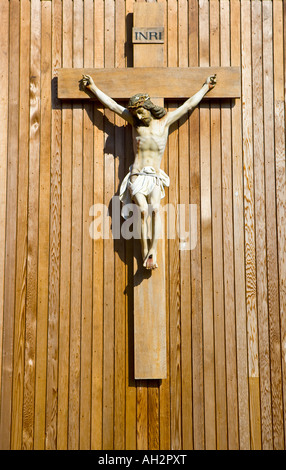 Jesus christ on the cross with Wall background in catholic church Stock ...