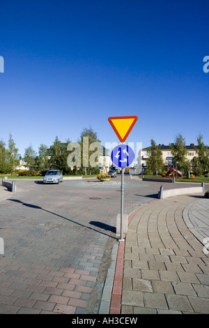 compulsory roundabout traffic sign Haparanda Sweden Stock Photo - Alamy