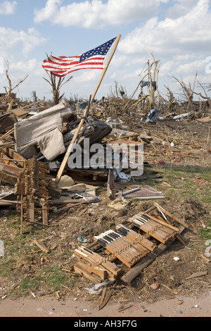 A smashed piano and tornado damage in Greensburg, Kansas, USA, after ...