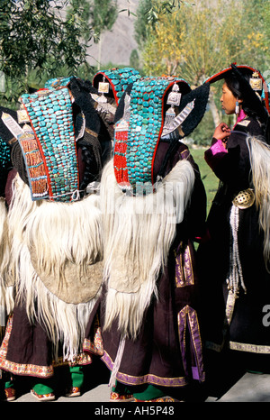 Traditional dress Ladakhi women with turquoise hats Perak during Ladakh ...