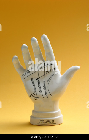 Model of a hand showing the lines that predicts our future on a red ...